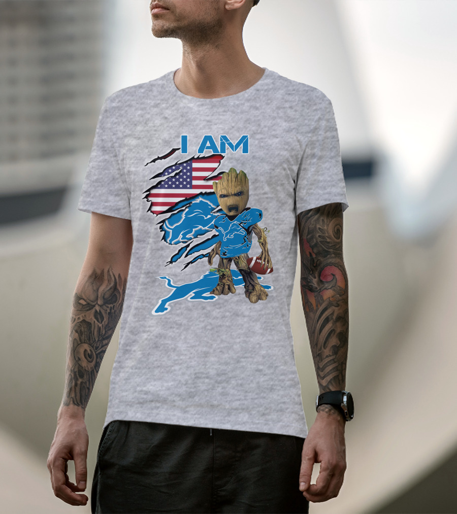 I Am Lions Baby Groot Football American Flag T-Shirt