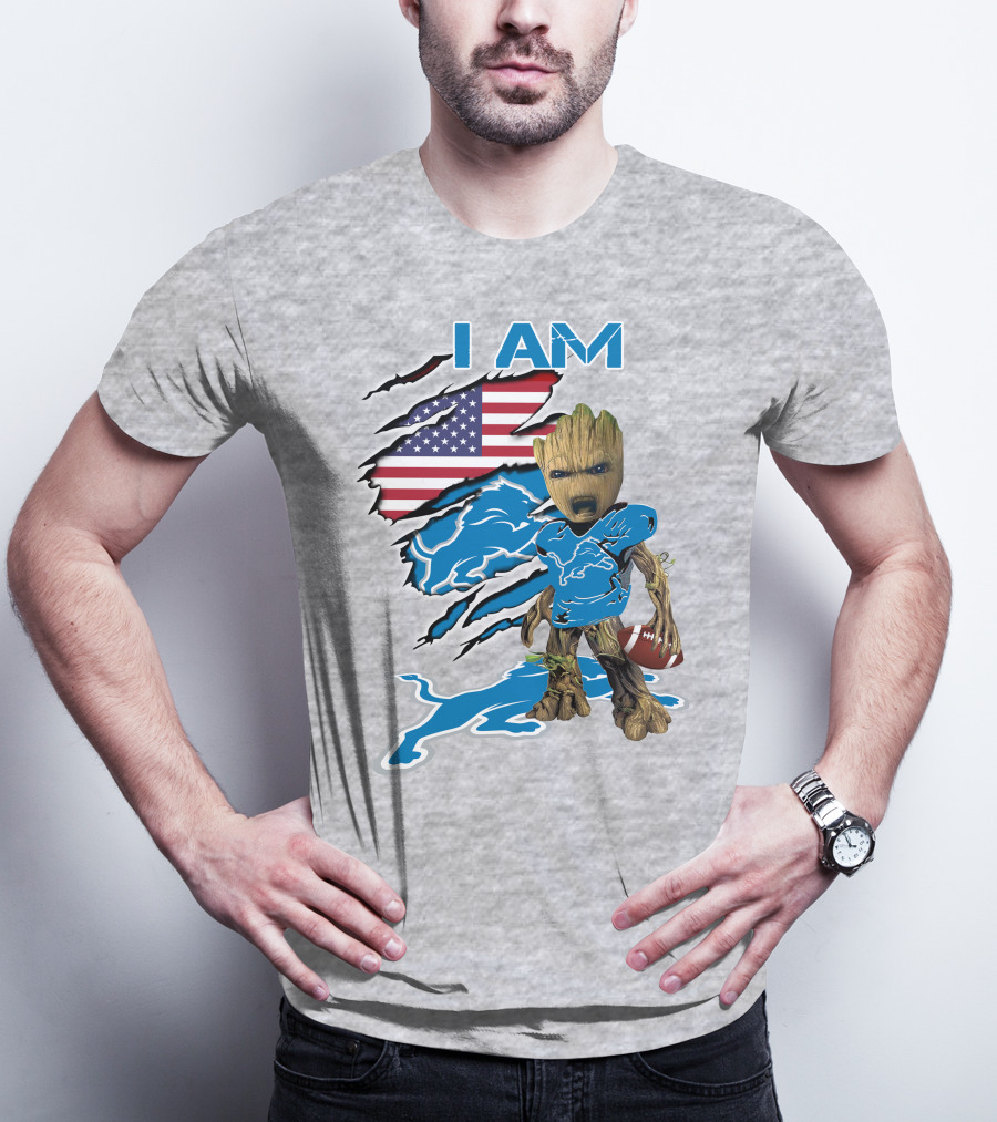 I Am Lions Baby Groot Football American Flag T-Shirt