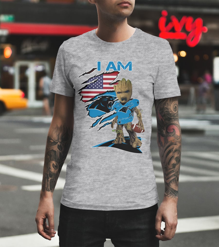 I Am Panthers Baby Groot Football Usa Flag T-Shirt