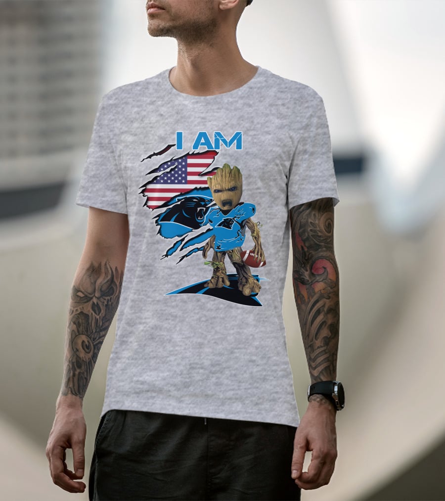 I Am Panthers Baby Groot Football Usa Flag T-Shirt