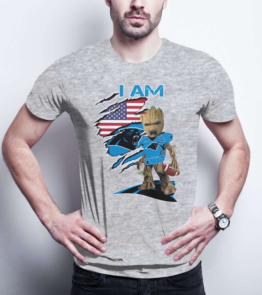 I Am Panthers Baby Groot Football Usa Flag T-Shirt