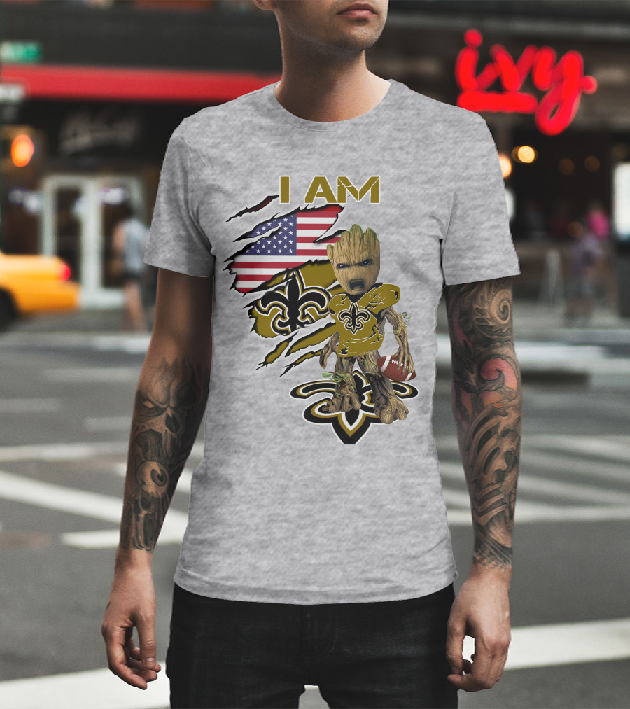 I Am Baby Groot Saints Fleur-De-Lis American Flag Football T-Shirt
