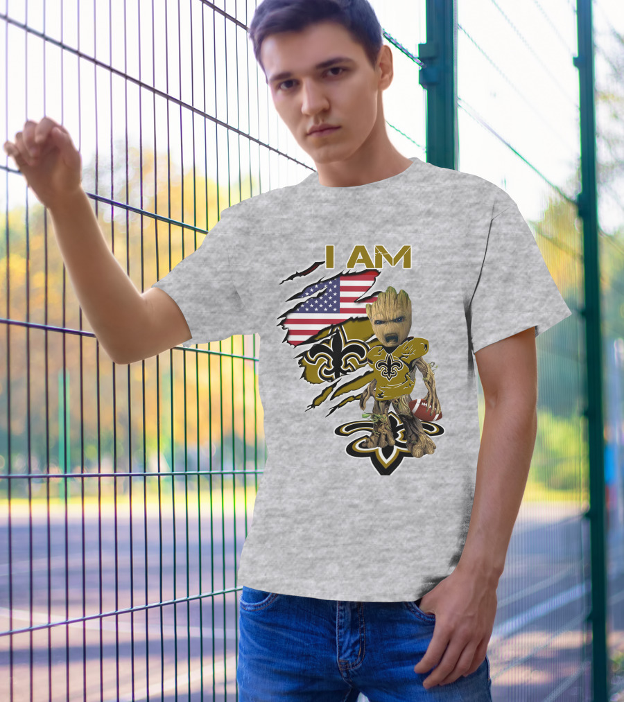I Am Baby Groot Saints Fleur-De-Lis American Flag Football T-Shirt