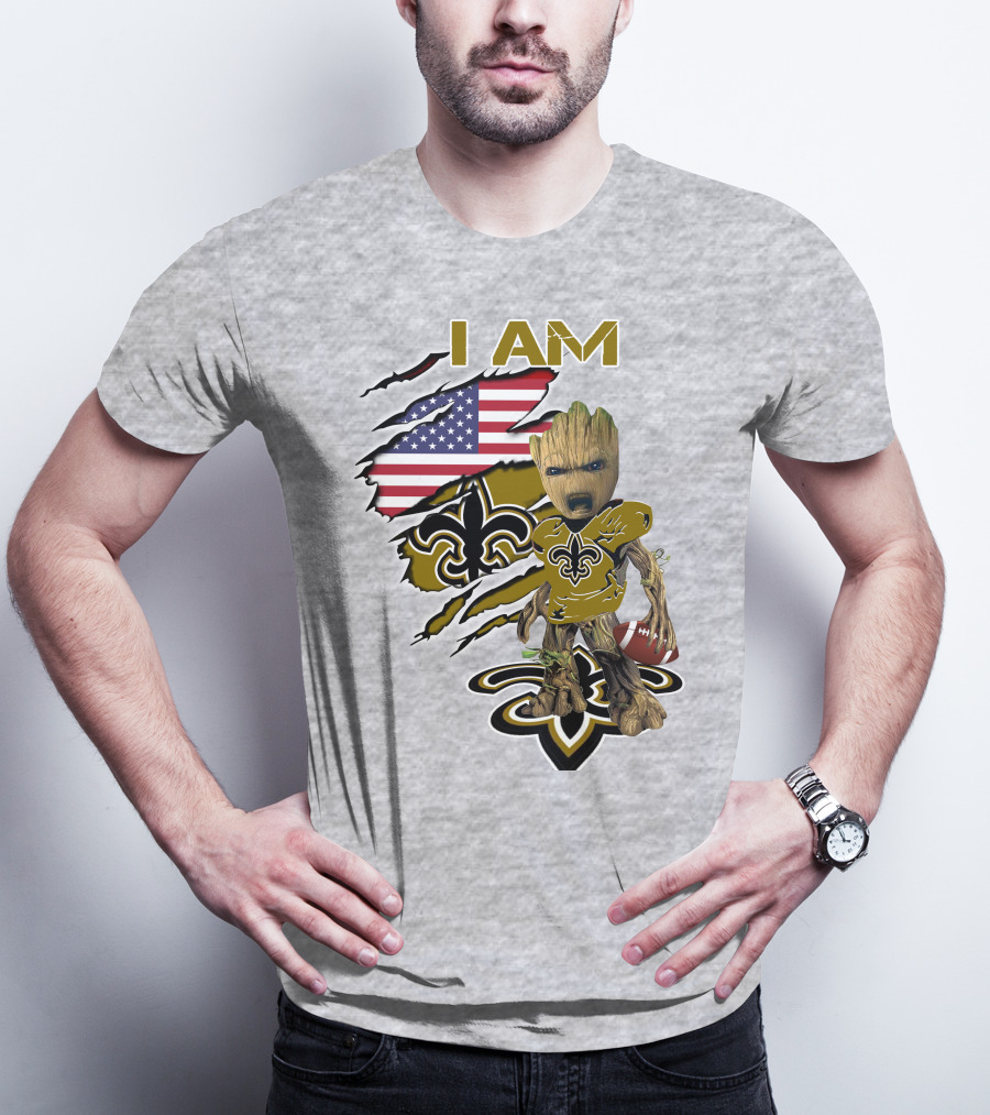 I Am Baby Groot Saints Fleur-De-Lis American Flag Football T-Shirt