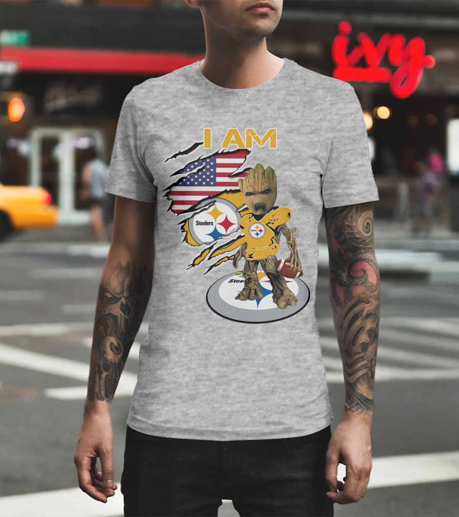 I AM Steelers Baby Groot American Flag Football Fan Gear T-Shirt