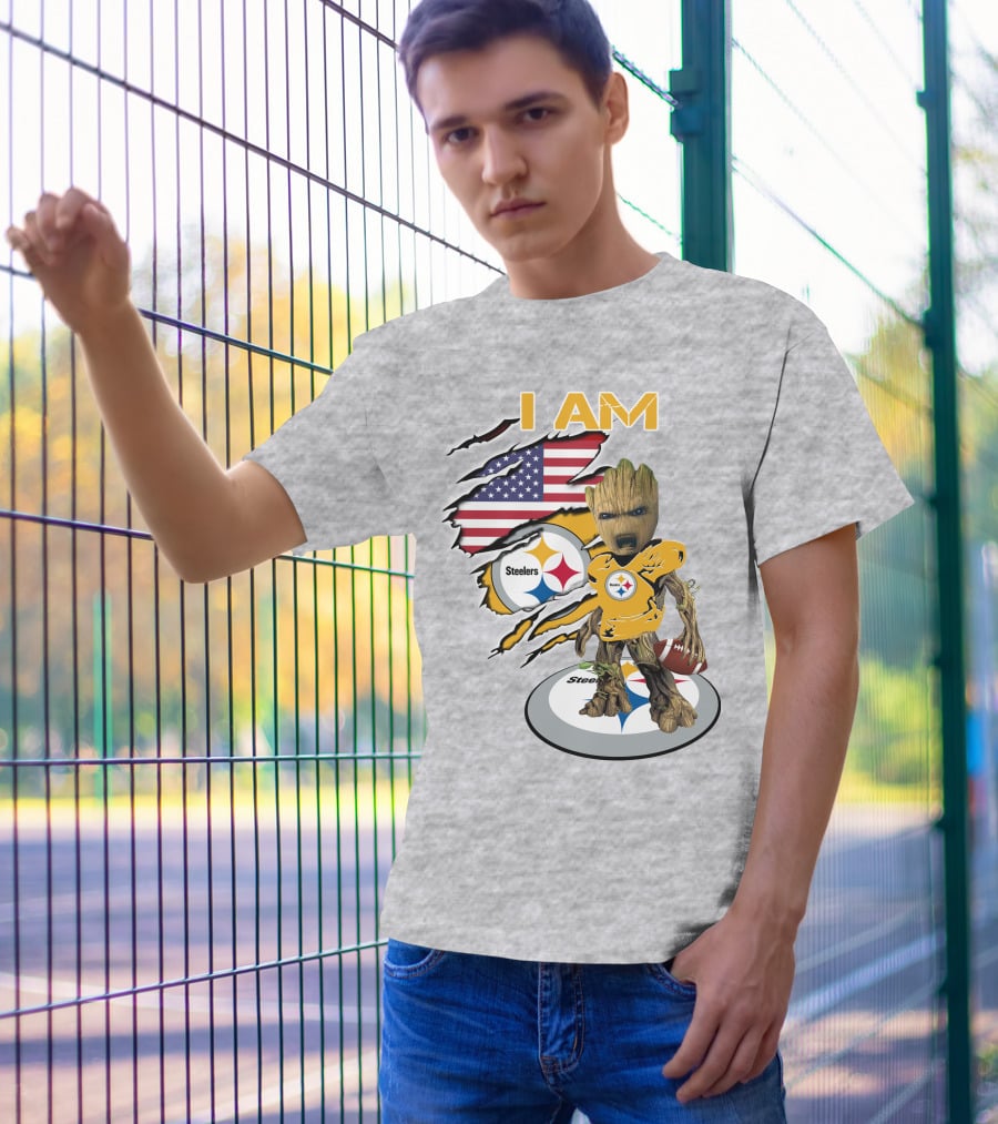I AM Steelers Baby Groot American Flag Football Fan Gear T-Shirt