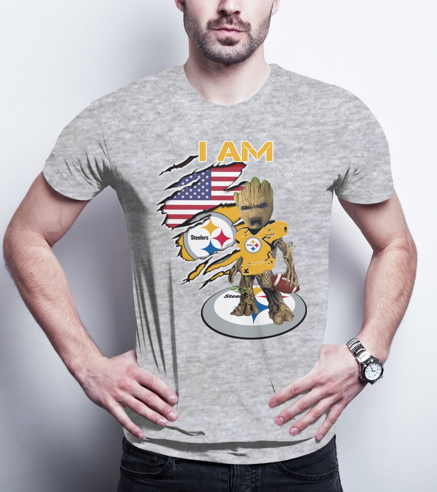 I AM Steelers Baby Groot American Flag Football Fan Gear T-Shirt