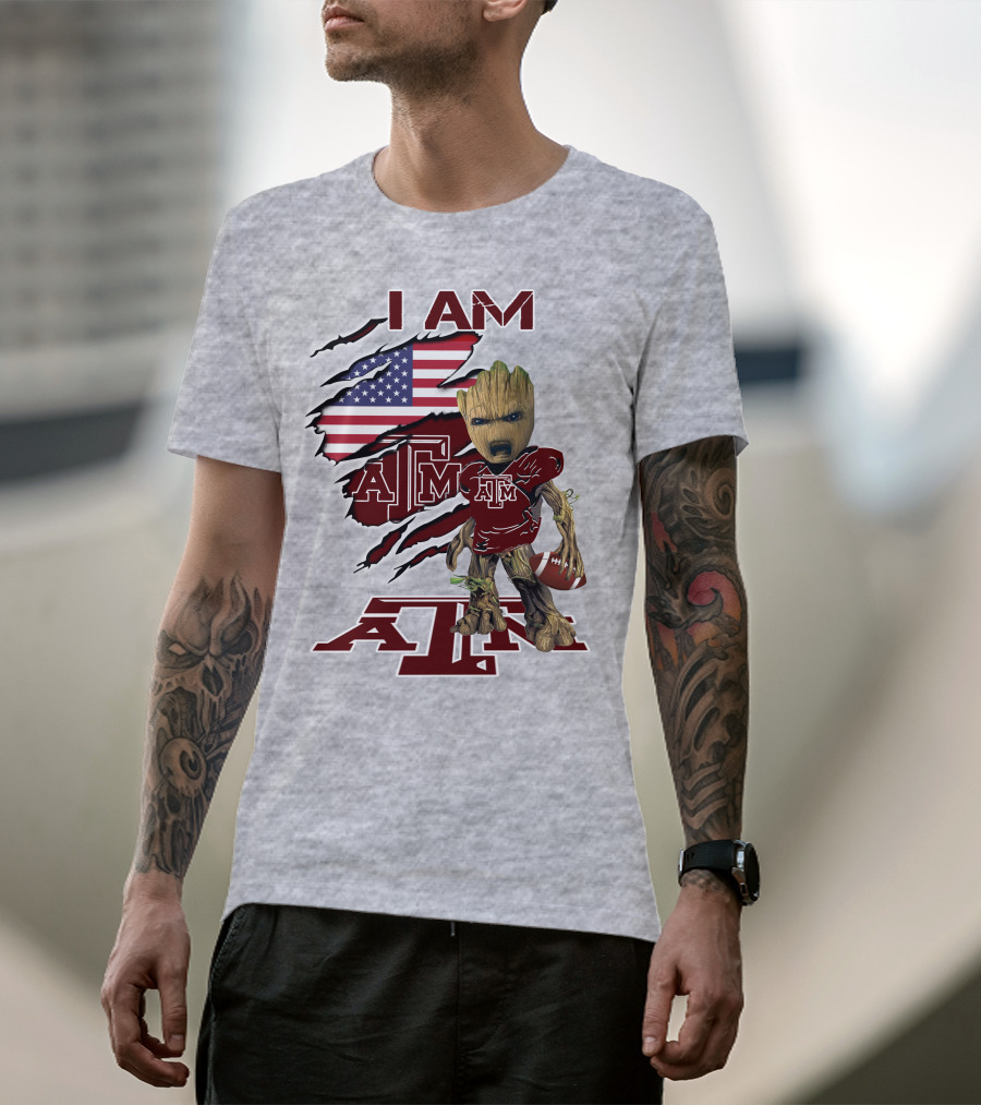 I Am Texas A&M Baby Groot American Flag Football T-Shirt