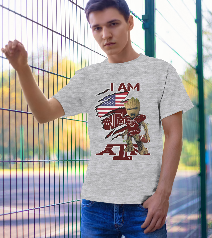 I Am Texas A&M Baby Groot American Flag Football T-Shirt