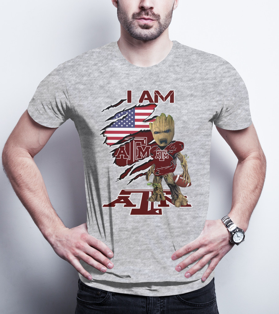 I Am Texas A&M Baby Groot American Flag Football T-Shirt