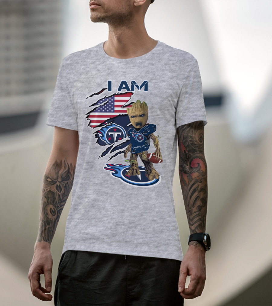 I AM Titans Baby Groot Football USA Flag T-Shirt