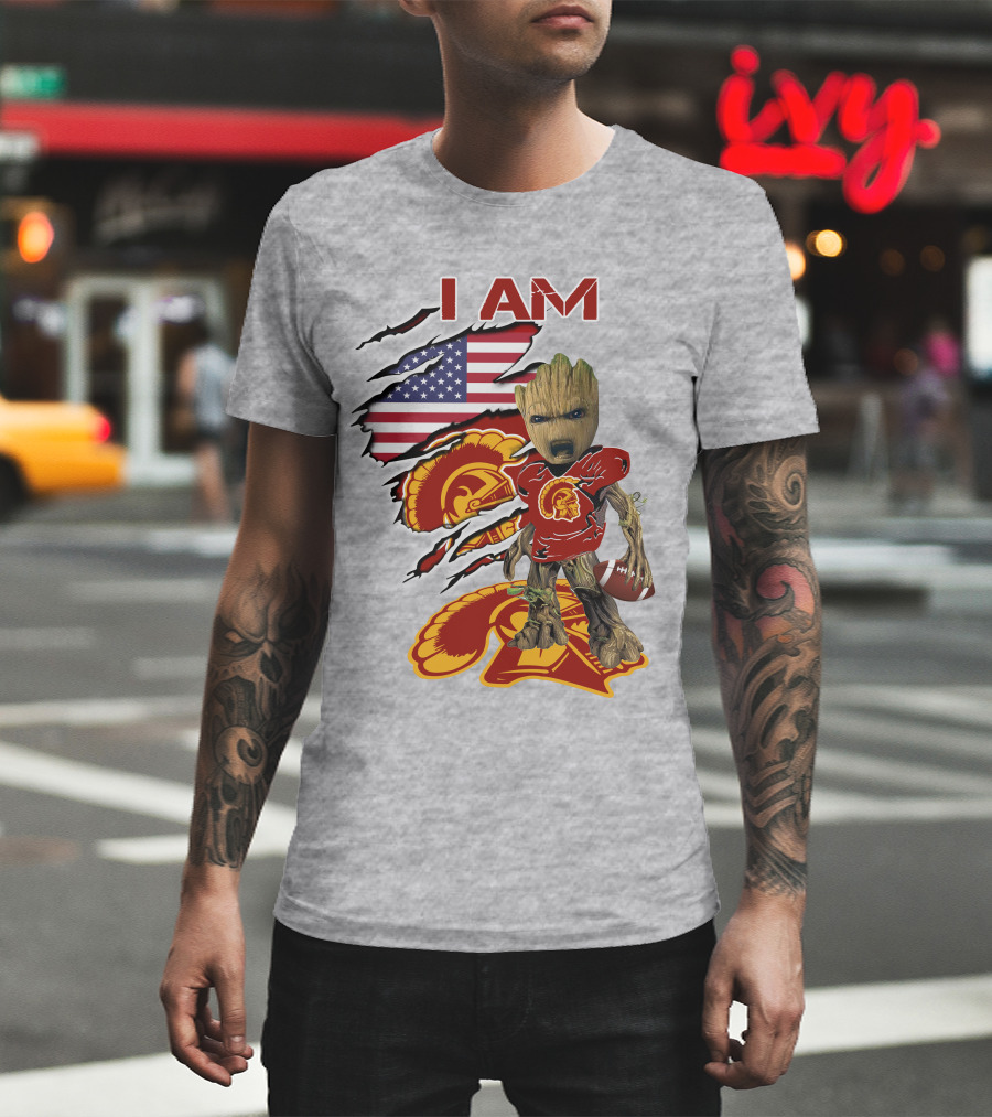 I AM Trojans Baby Groot Football American Flag T-Shirt