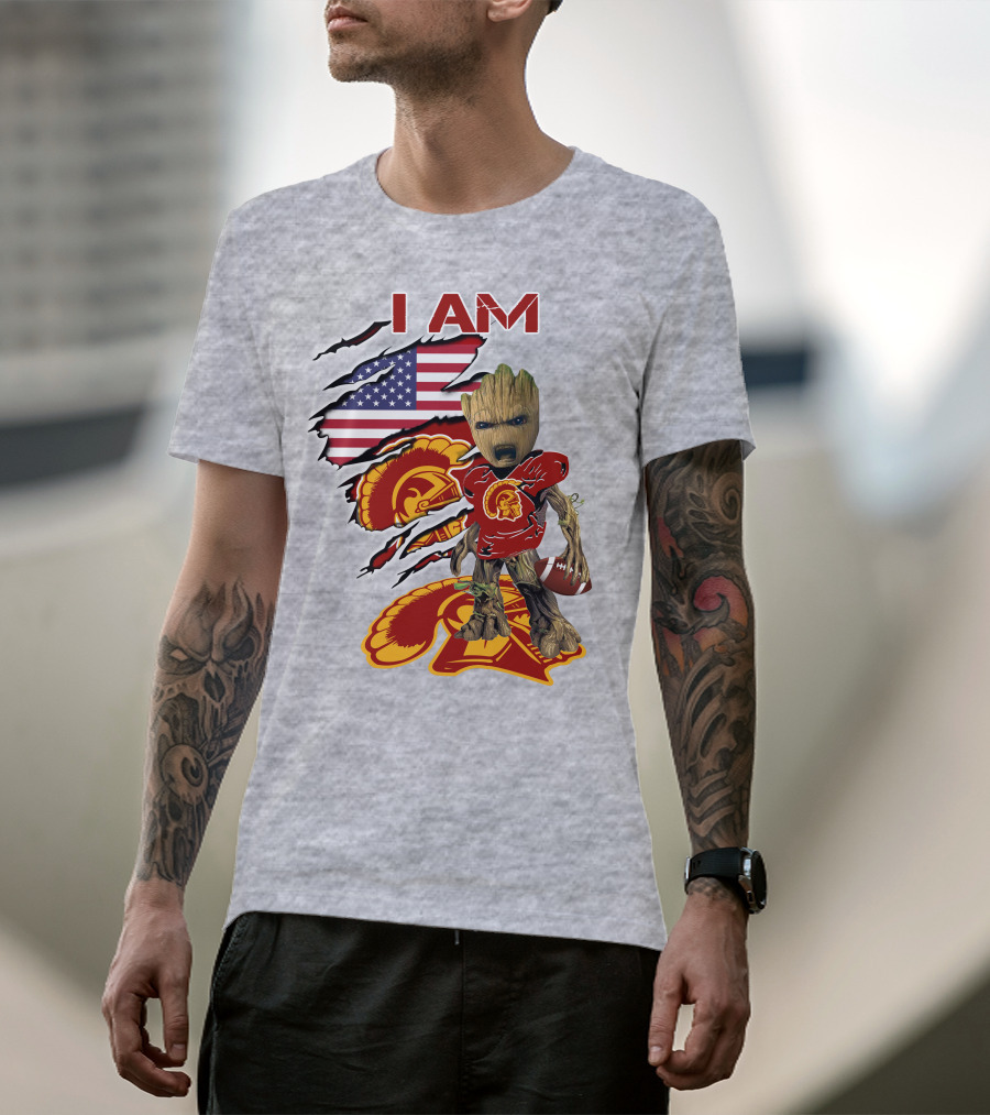 I AM Trojans Baby Groot Football American Flag T-Shirt
