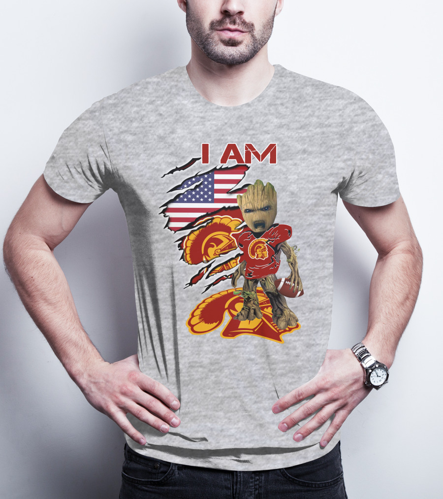 I AM Trojans Baby Groot Football American Flag T-Shirt