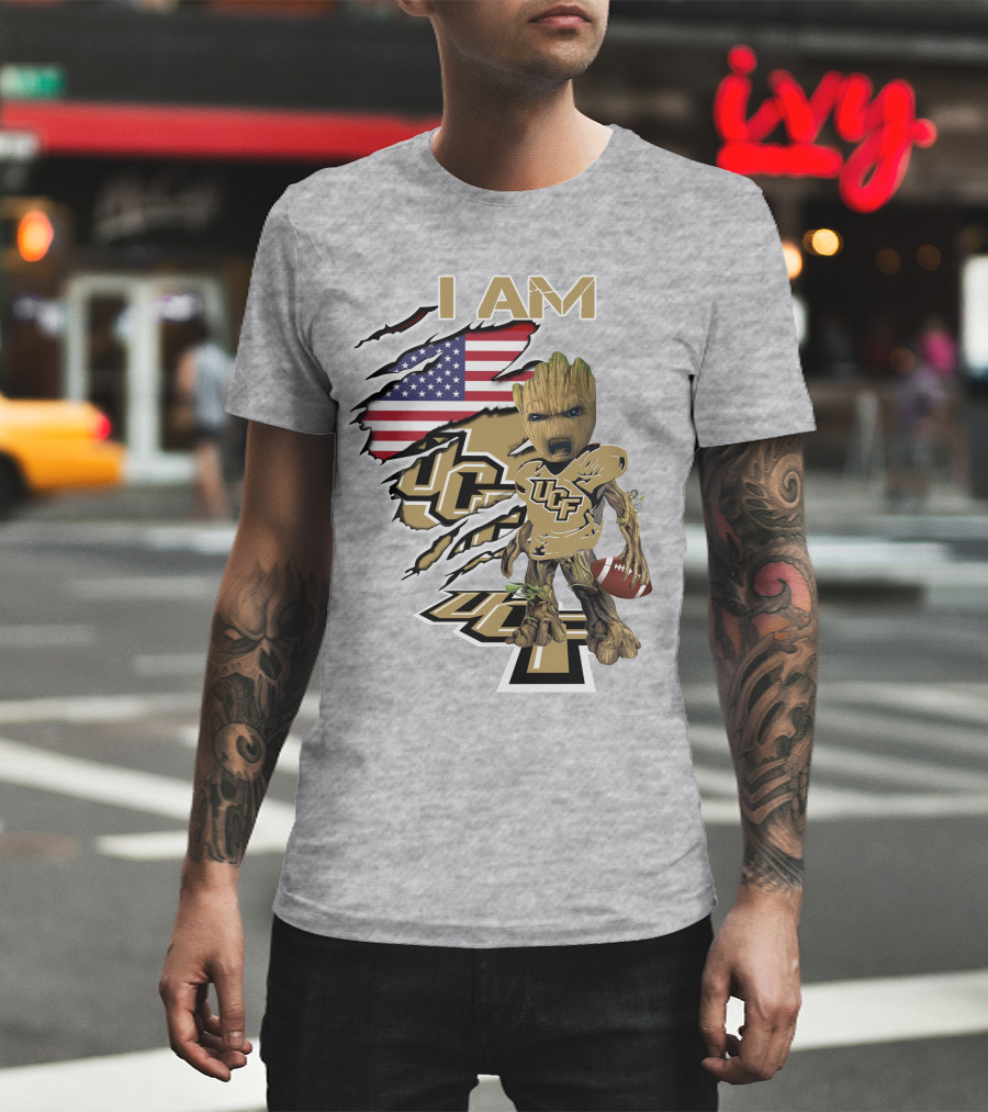 UCF Baby Groot I Am American Flag Football T-Shirt