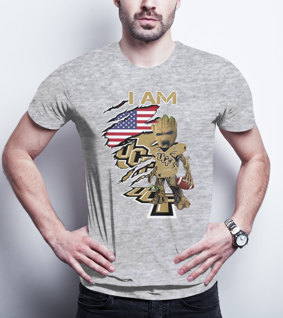 UCF Baby Groot I Am American Flag Football T-Shirt