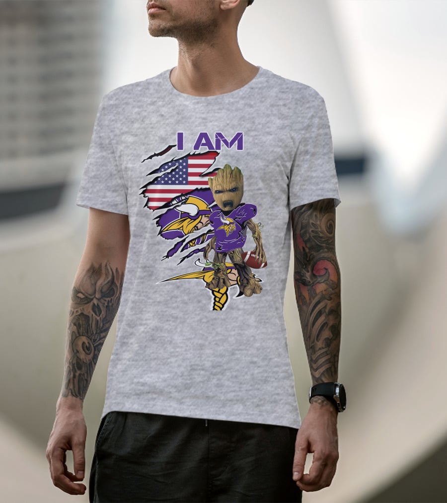 I Am Vikings Baby Groot American Flag Football T-Shirt