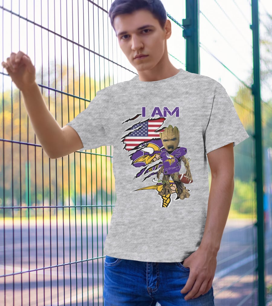 I Am Vikings Baby Groot American Flag Football T-Shirt