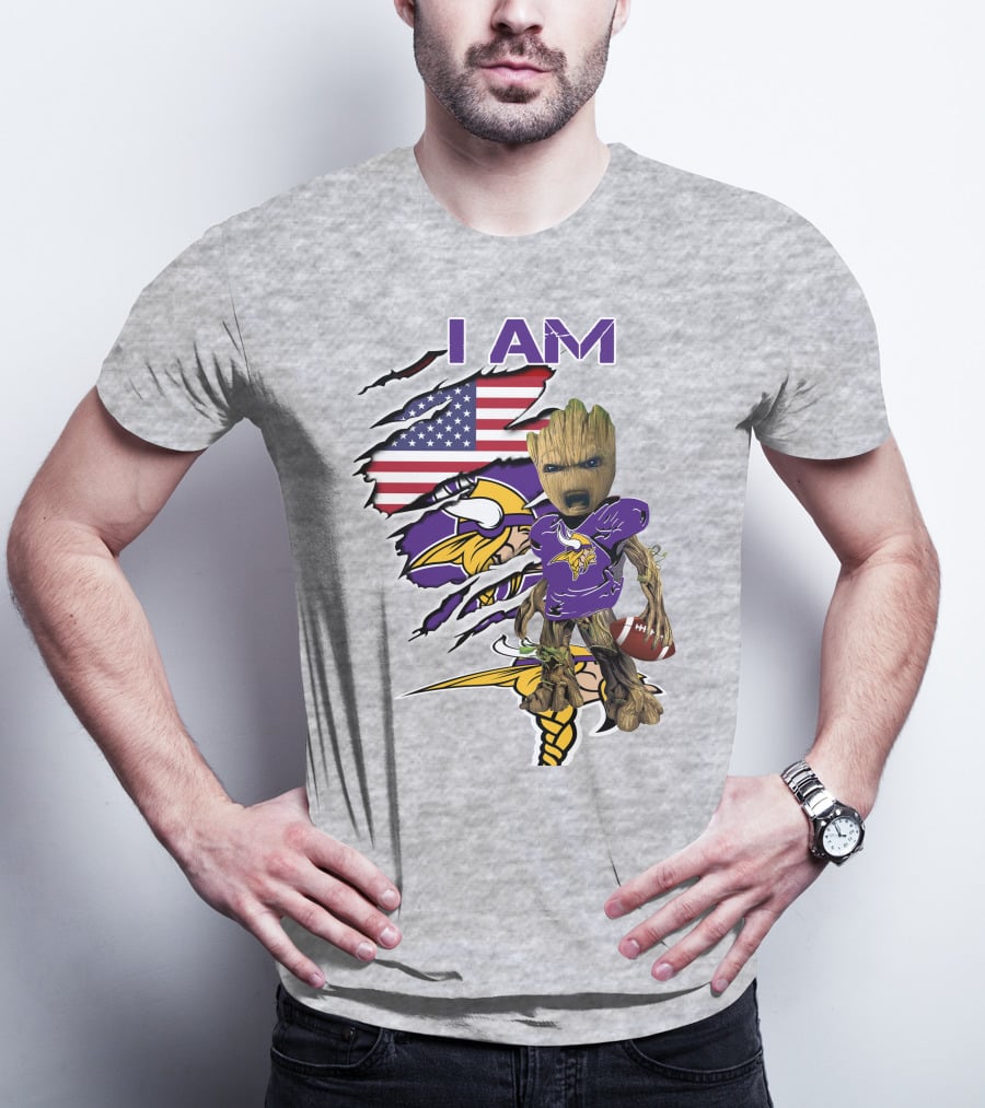 I Am Vikings Baby Groot American Flag Football T-Shirt