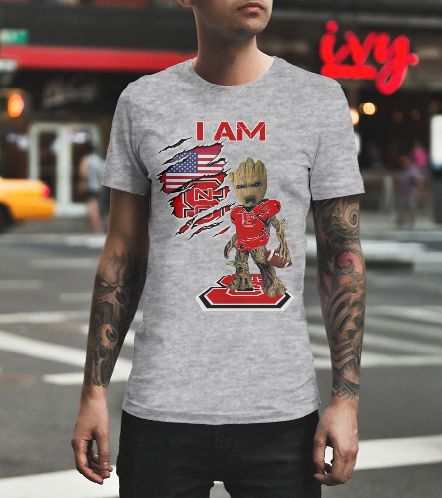 I Am NC State Baby Groot Football USA Flag T-Shirt