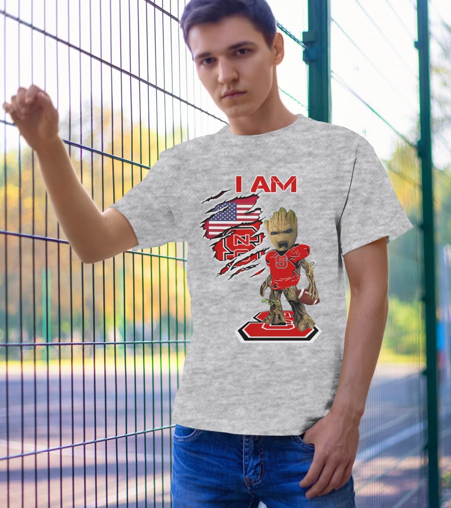 I Am NC State Baby Groot Football USA Flag T-Shirt