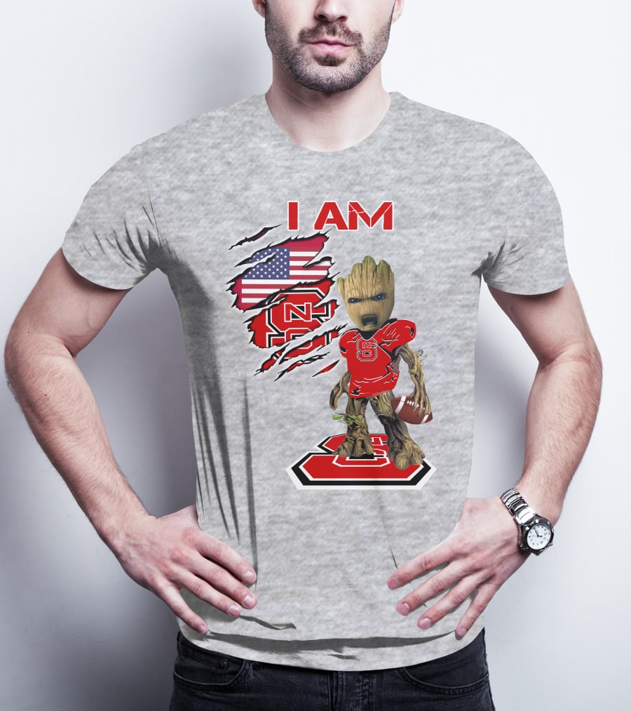 I Am NC State Baby Groot Football USA Flag T-Shirt