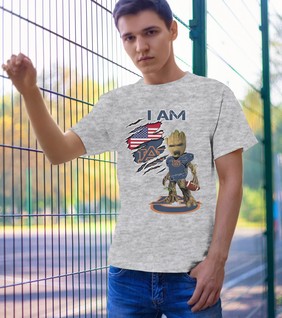 I Am Auburn Baby Groot Football Usa Flag T-Shirt
