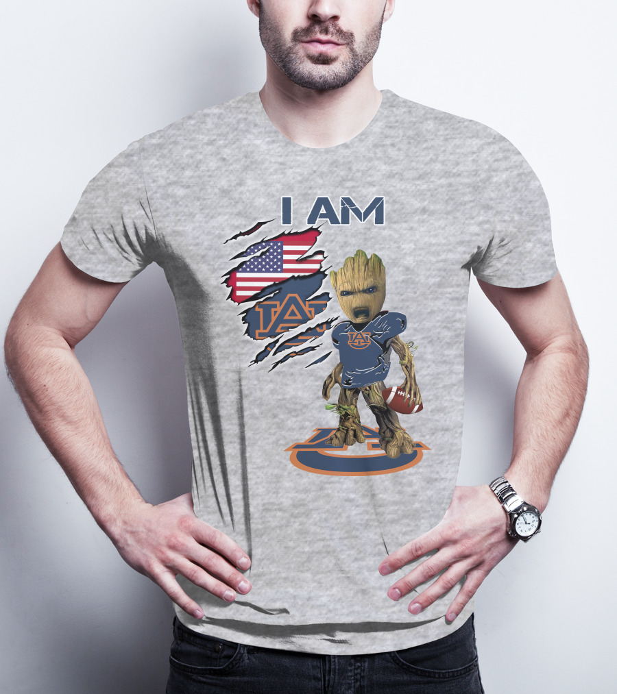 I Am Auburn Baby Groot Football Usa Flag T-Shirt