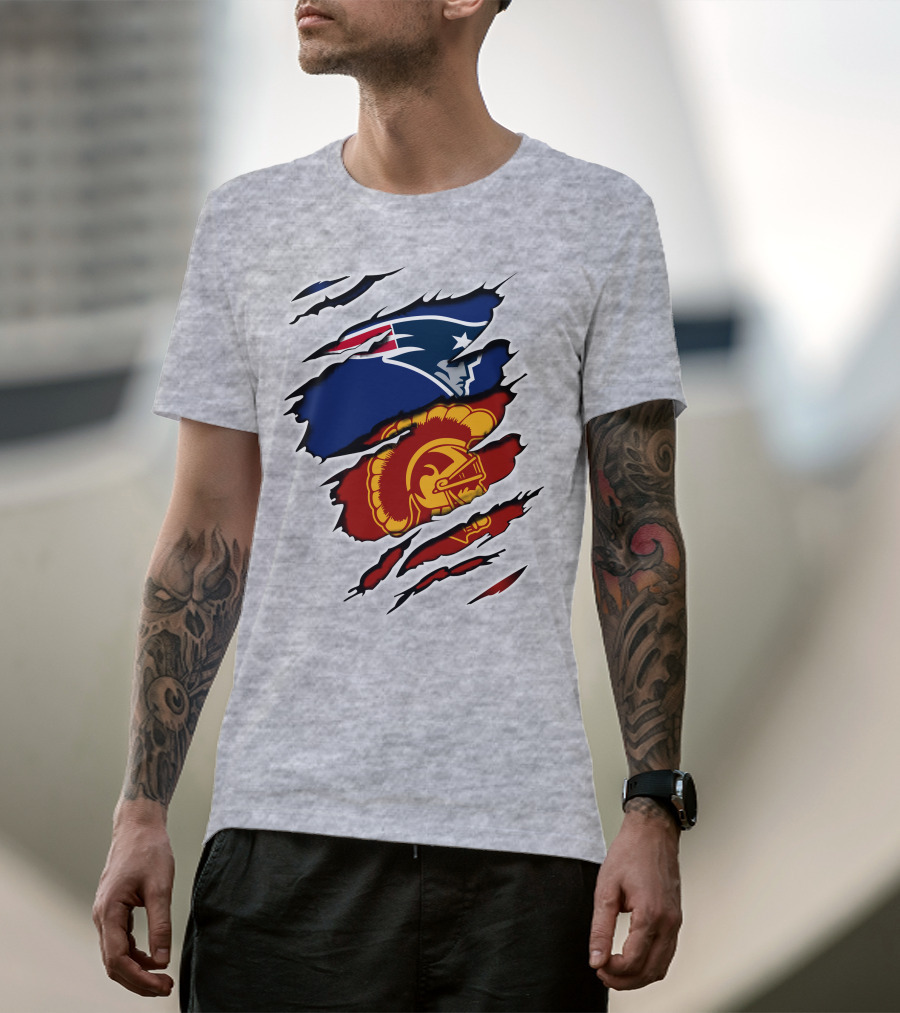Patriots Trojans Ripped Dual Logo Fusion T-Shirt
