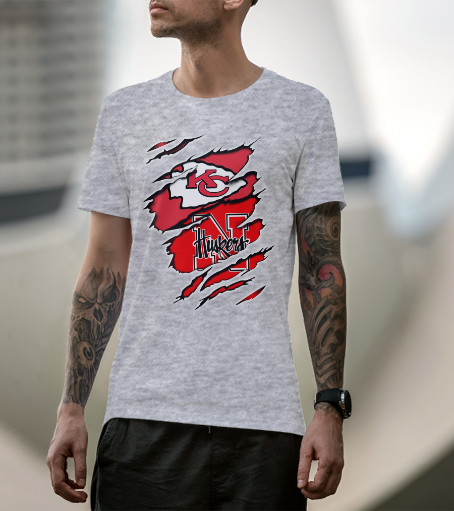 Chiefs Huskers Kansas City Nebraska Iconic Red White Torn T-Shirt
