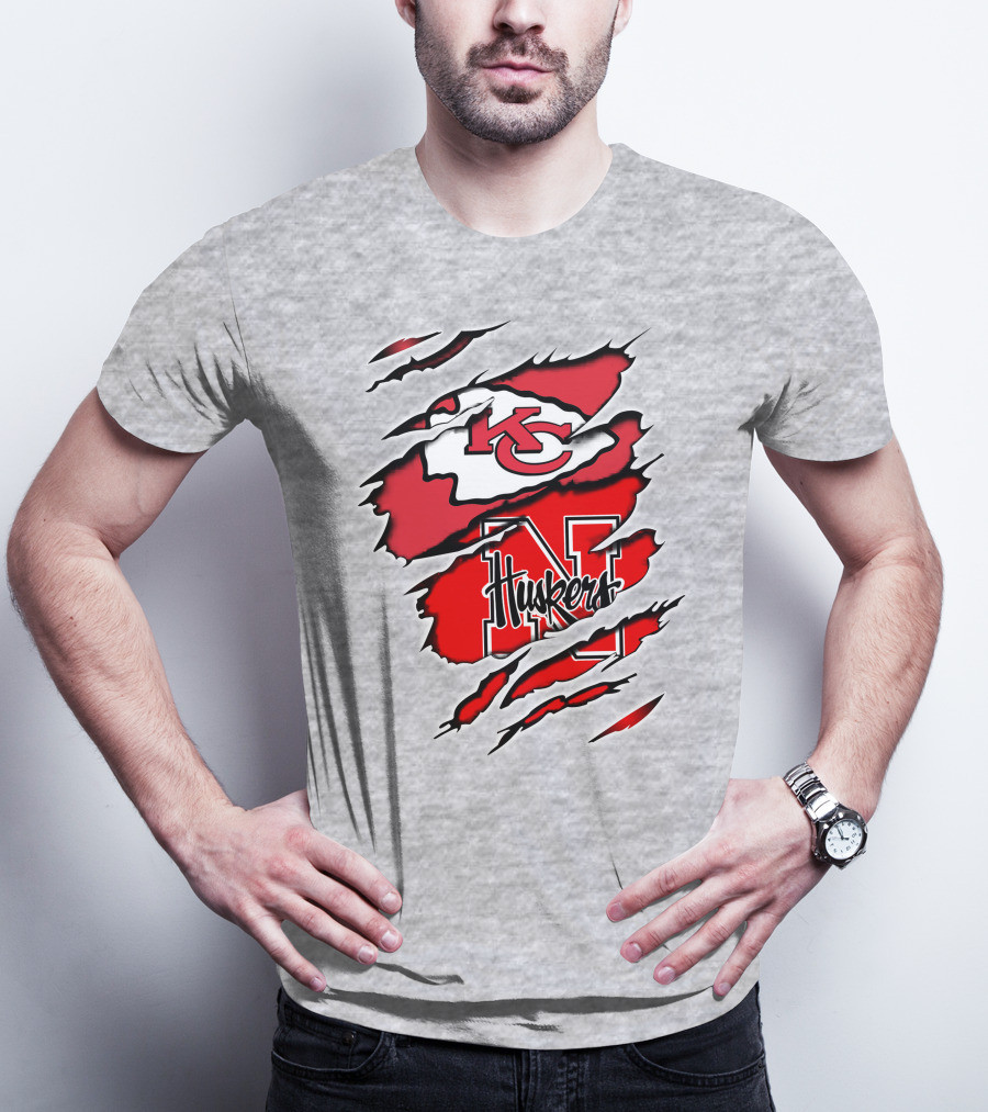 Chiefs Huskers Kansas City Nebraska Iconic Red White Torn T-Shirt
