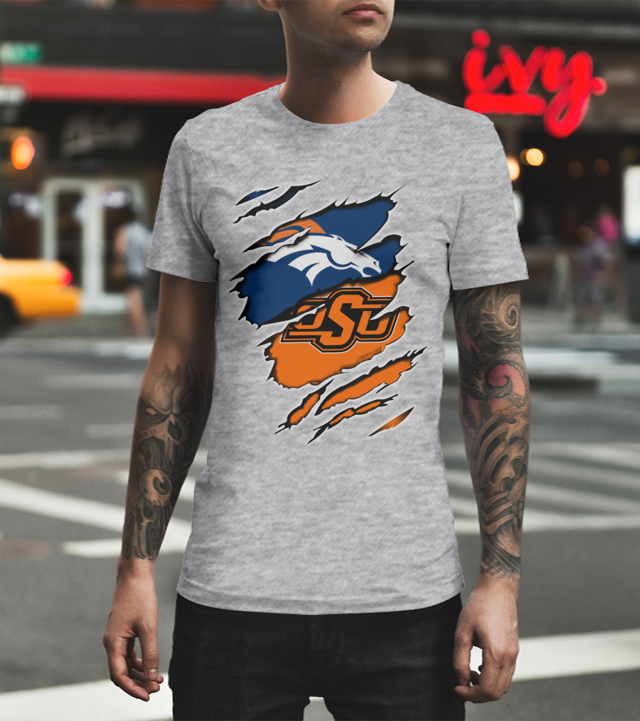 Broncos OSU Torn Ripped Graphics T-Shirt