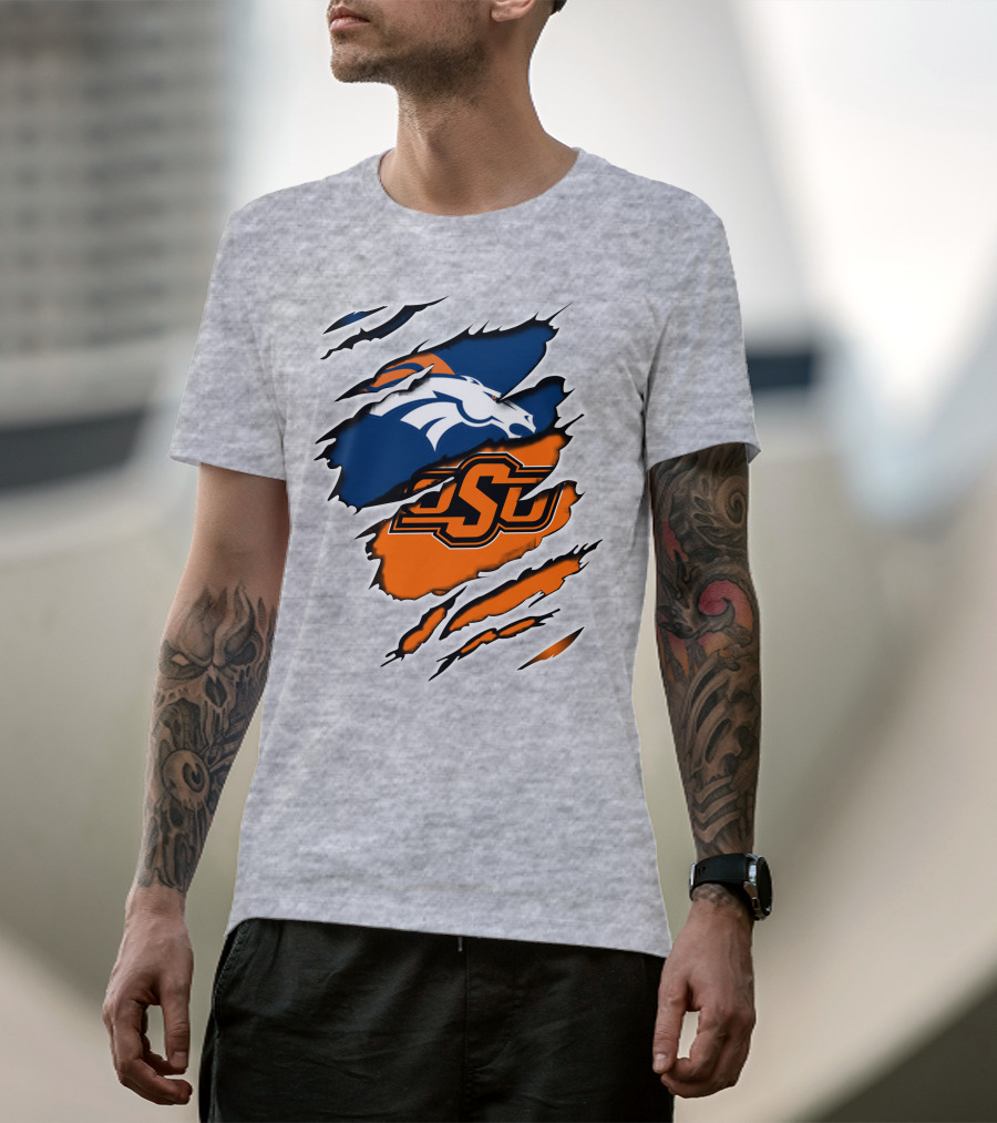 Broncos OSU Torn Ripped Graphics T-Shirt