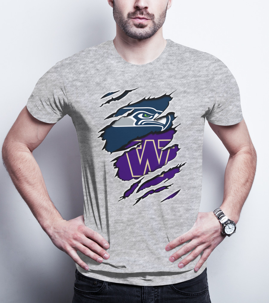 Seahawks Huskies Logo Fusion Nfl College Football Fan Gear T-Shirt