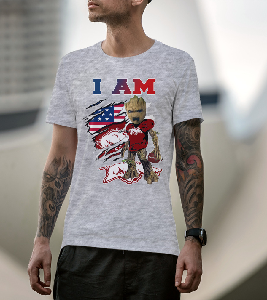 I Am Groot Arkansas Razorbacks Football American Flag T-Shirt