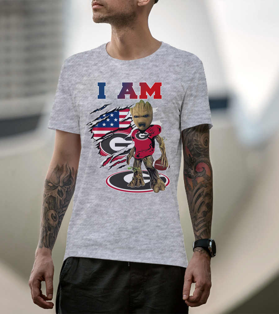 I Am Groot Holding Football Georgia Bulldogs Usa Flag T-Shirt