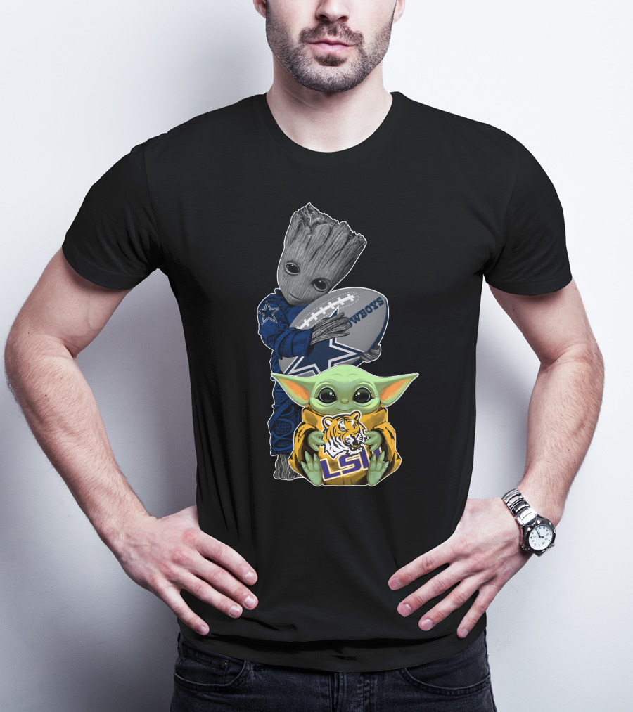 Cowboys Football Groot And Lsu Yoda With Football And Tiger T-Shirt