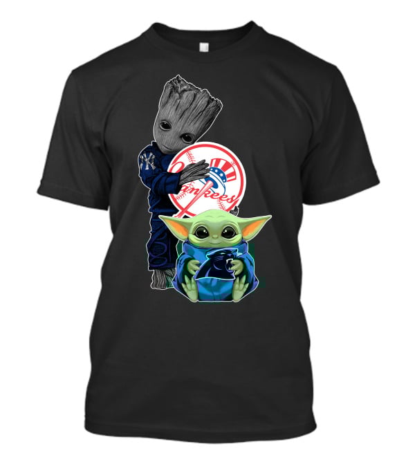 New York Yankees Groot And Panthers Baby Yoda T-Shirt