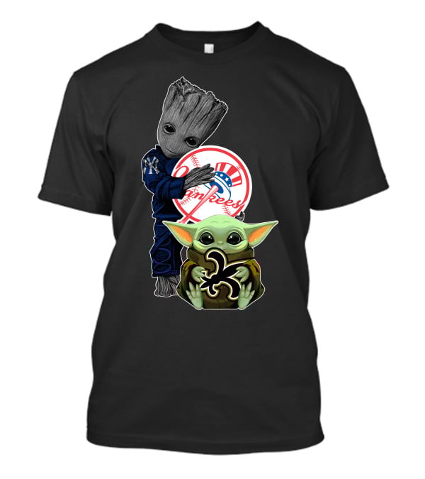 Saints Baby Yoda Yankees Groot Fan Crossover T-Shirt