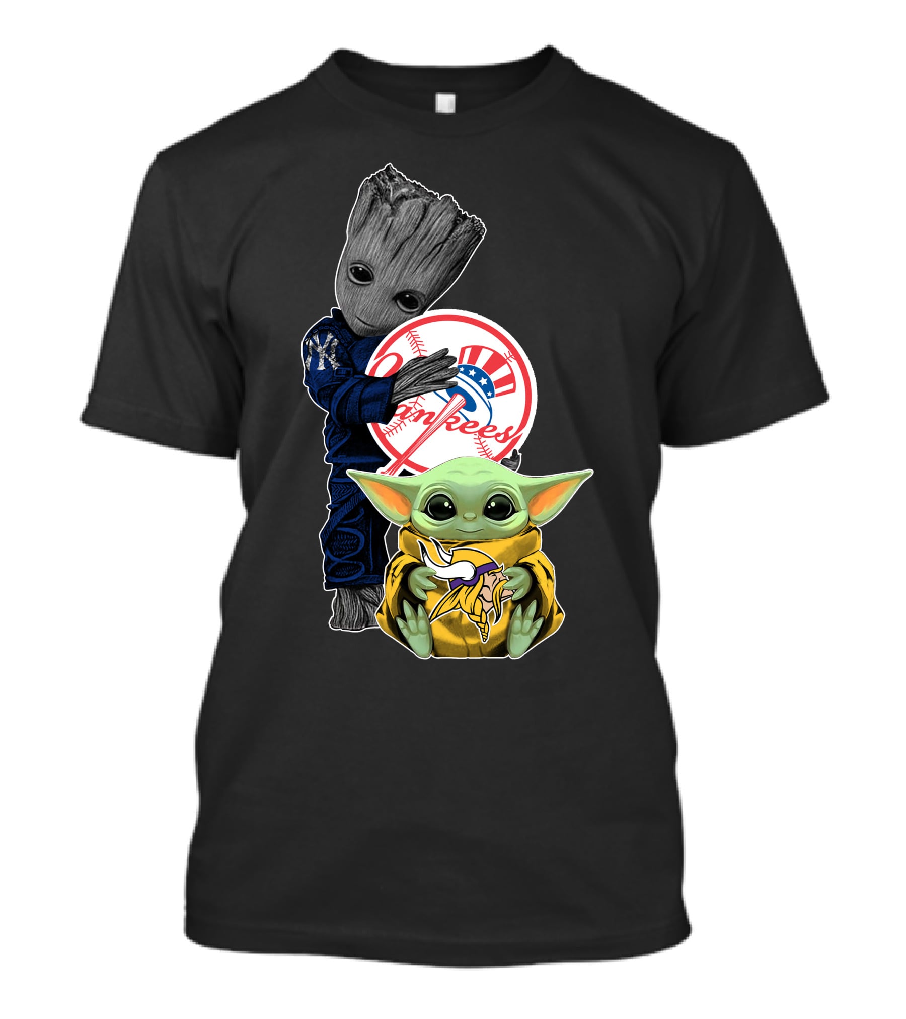 Yankees Baby Yoda With Groot Hugging Baseball T-Shirt