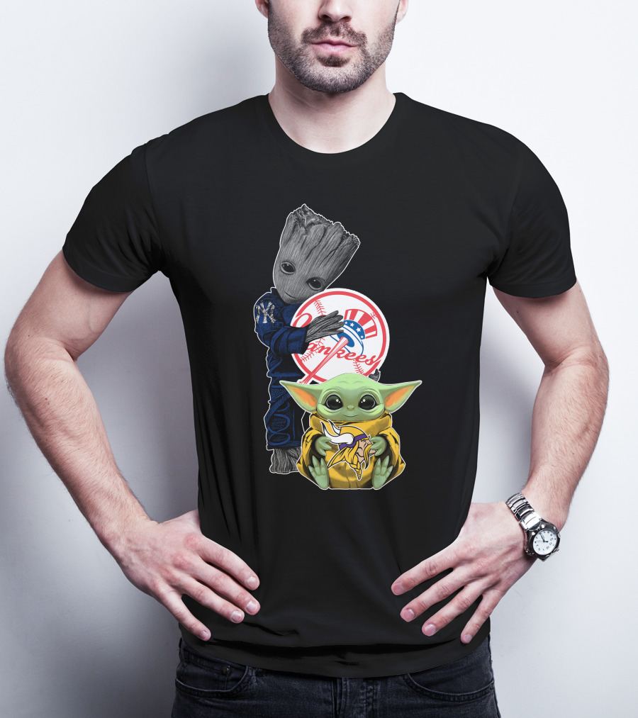Yankees Baby Yoda With Groot Hugging Baseball T-Shirt