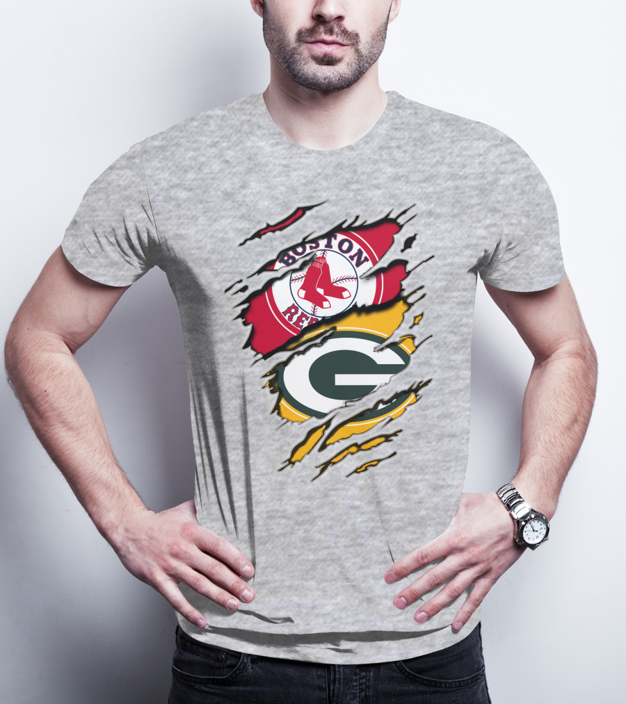 Boston Red Sox And Green Bay Packers Logo Torn T-Shirt