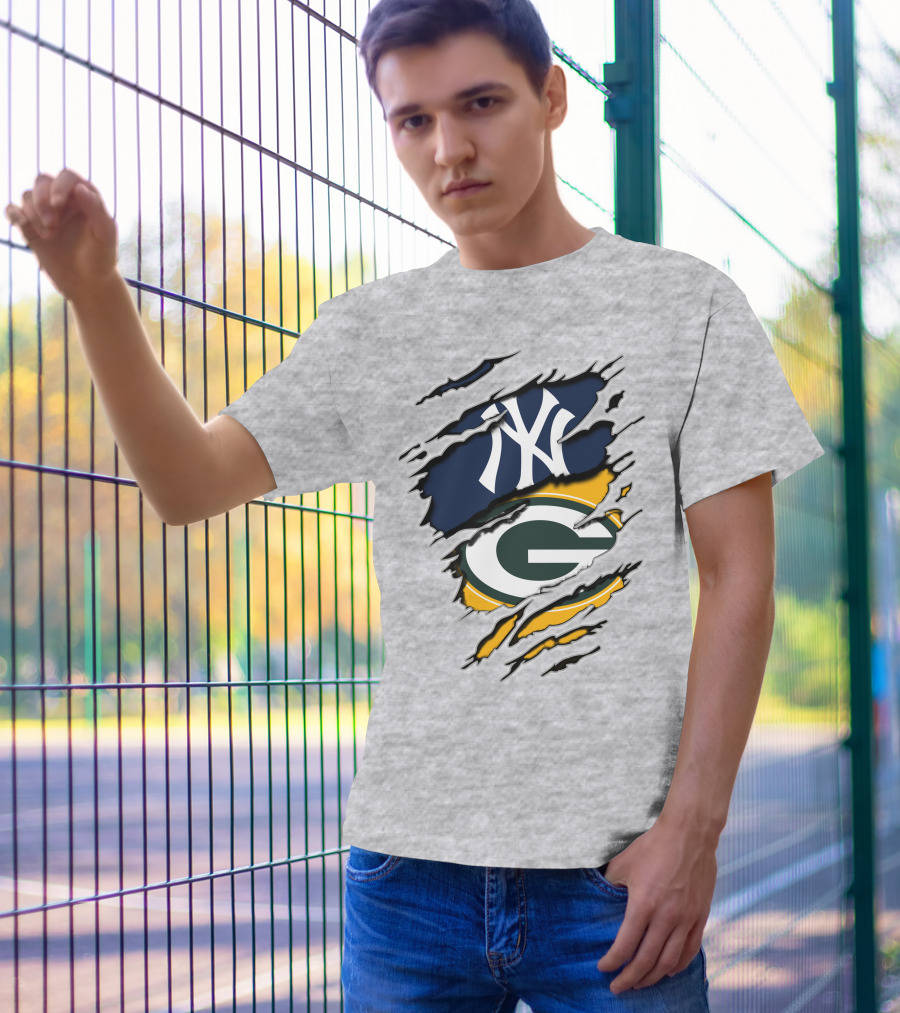 Packers Yankees Dual Logo Fusion With Ripped Effect T-Shirt