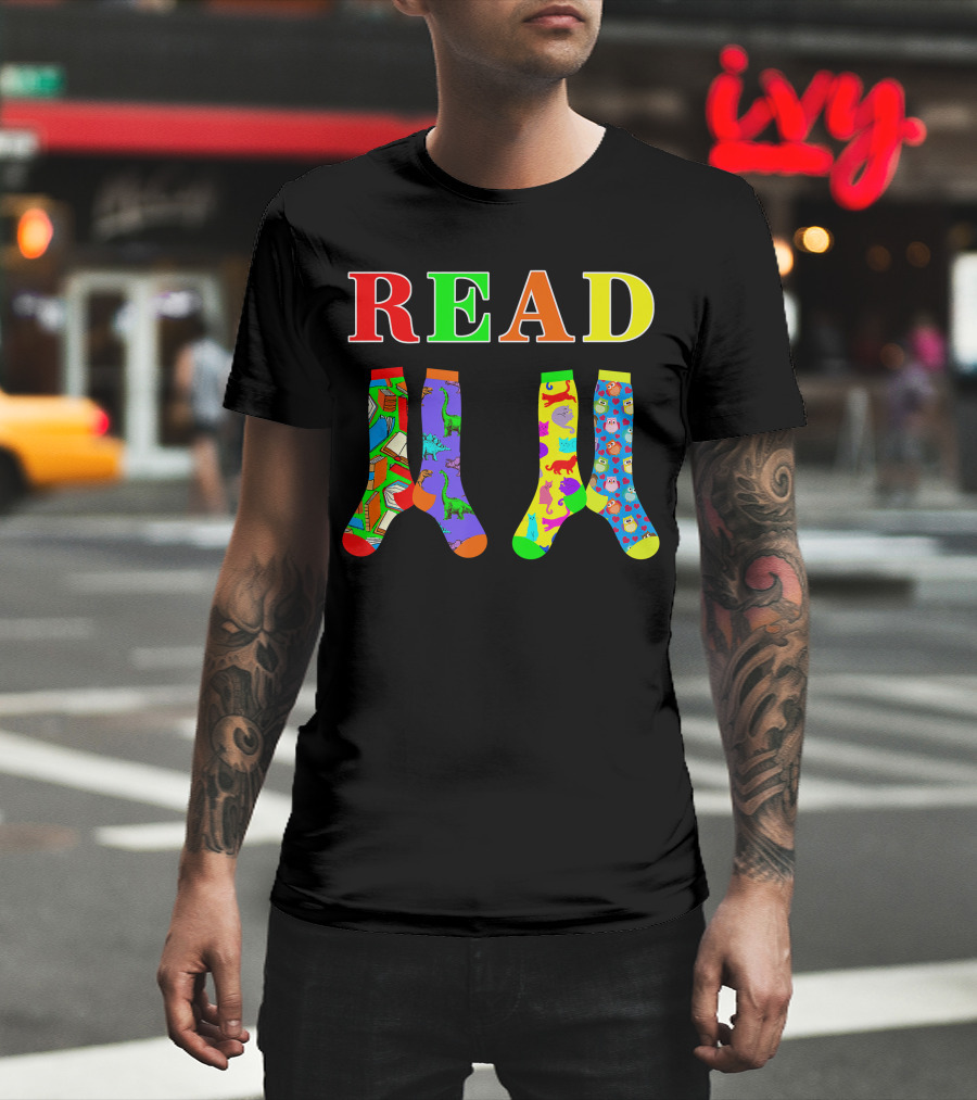 READ Colorful Dinosaur And Owl Books Wacky Socks For Wacky Sock Day T-Shirt
