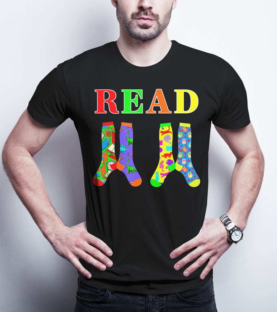 READ Colorful Dinosaur And Owl Books Wacky Socks For Wacky Sock Day T-Shirt