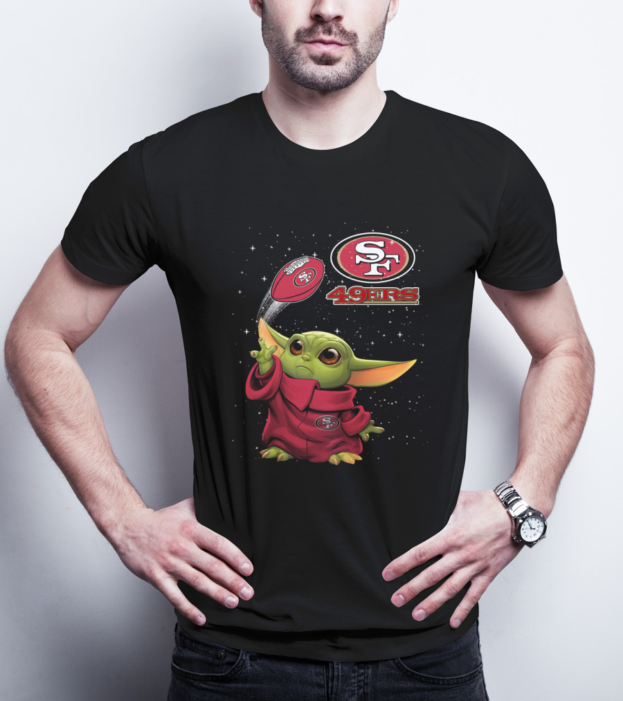 Baby Yoda Throwing San Francisco 49ers Football With SF Logo And Stars T-Shirt