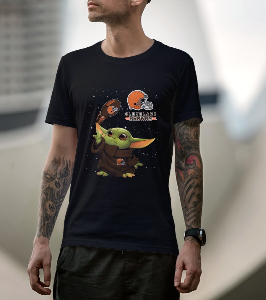 Baby Yoda Cleveland Browns Football Helmet Starry Night T-Shirt