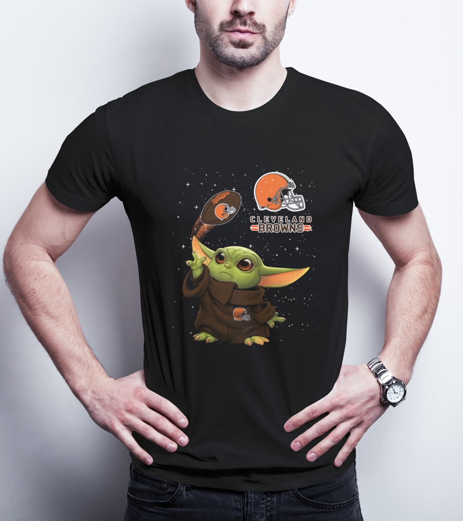 Baby Yoda Cleveland Browns Football Helmet Starry Night T-Shirt