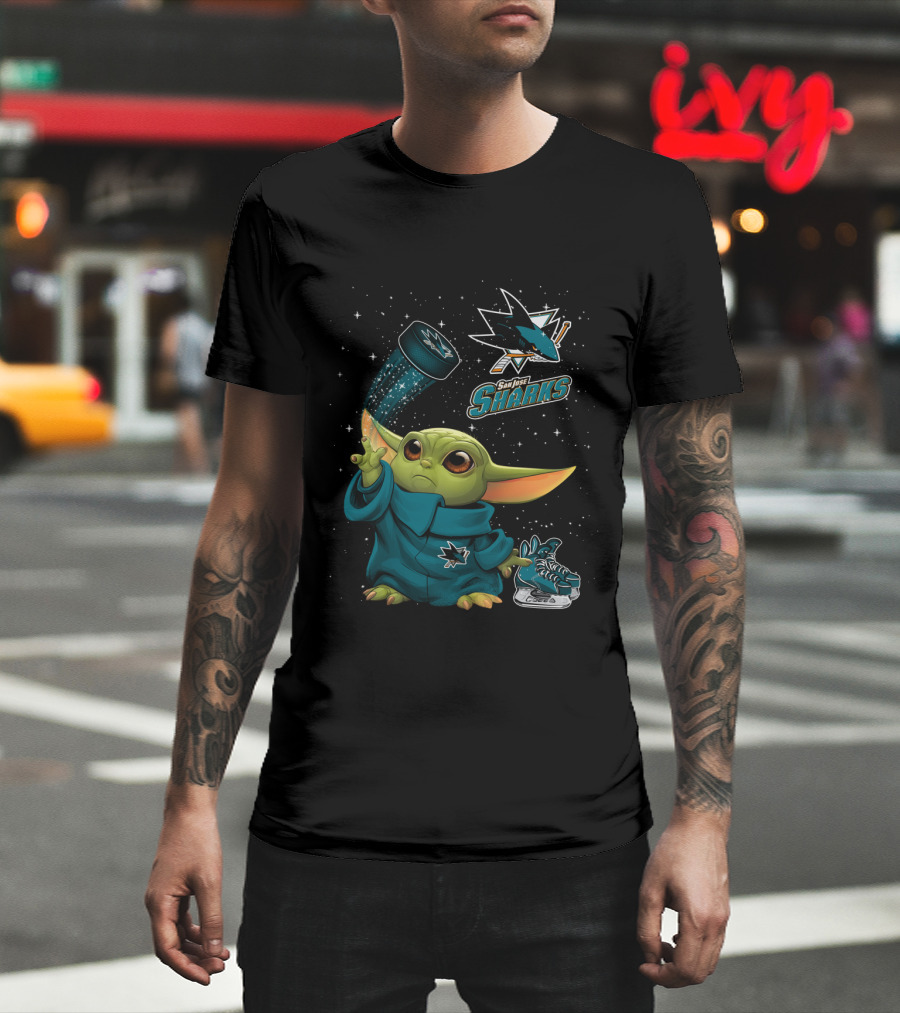Baby Yoda San Jose Sharks Force Hockey Star Wars Crossover T-Shirt