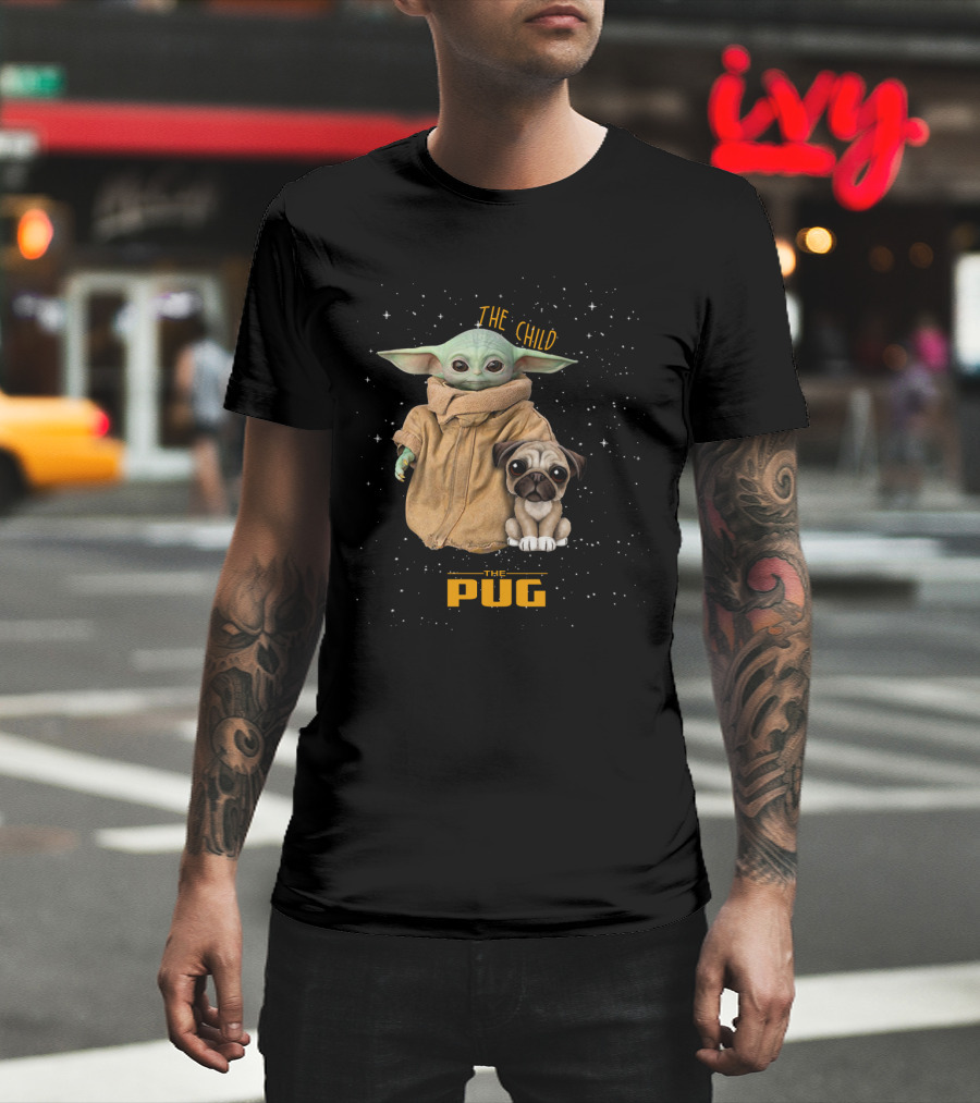 The Child Baby Yoda And Pug In Starry Space Scene T-Shirt